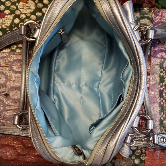 Coach | Bags | Coach Poppy Metallic Silver Leather Double Pushlock ...
